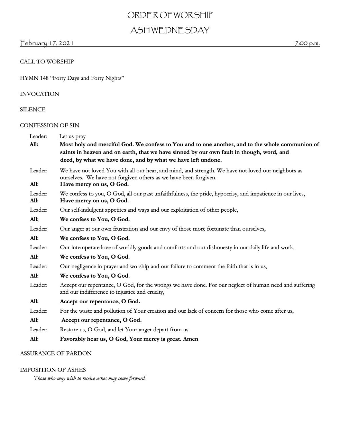 Order of Worship Ash Wednesday 2021 – Central Congregational Church